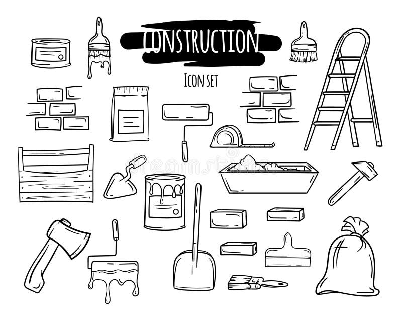 Black and White Set of Icons of Construction, Repair, Materials and ...