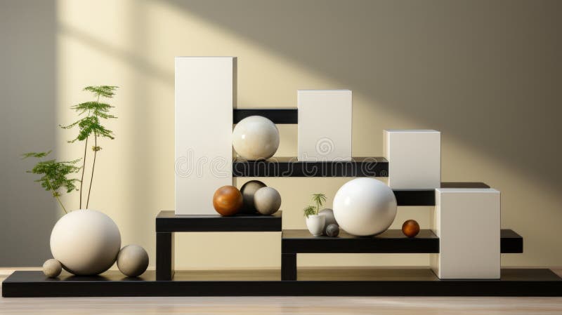 A Black and White Shelf with White and Brown Objects on it Stock ...