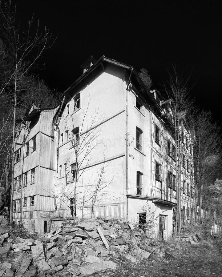 Black and White Shot of Ruined Building with Dark Sky Stock Photo ...