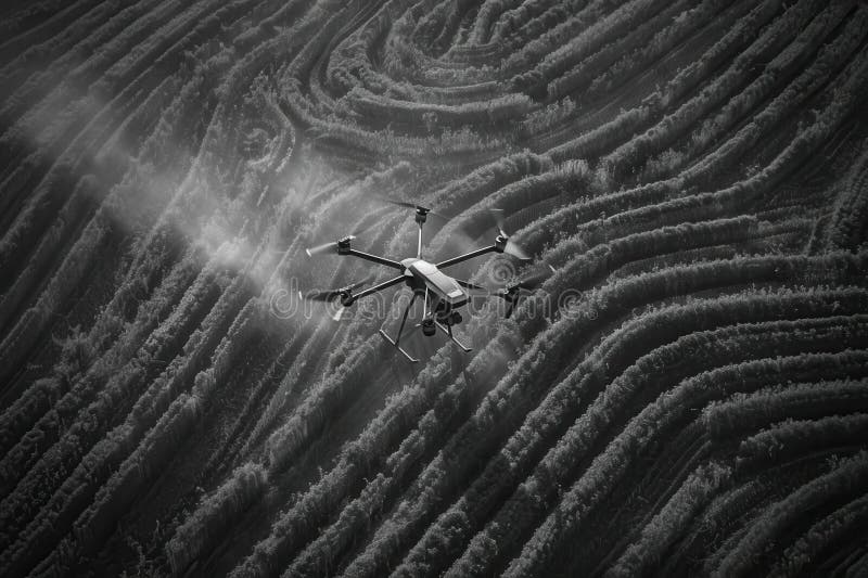 Black and White Side View of a Drone Capturing Detailed Crop Patterns ...