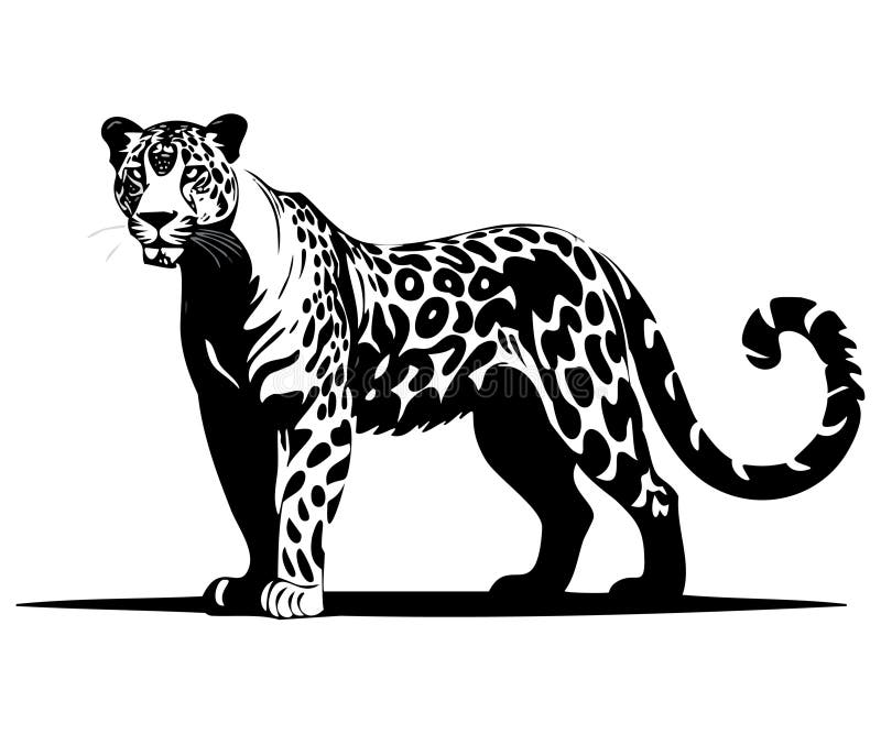 Black and White Silhouette Leopard with a Long Tail and Black Spots on ...