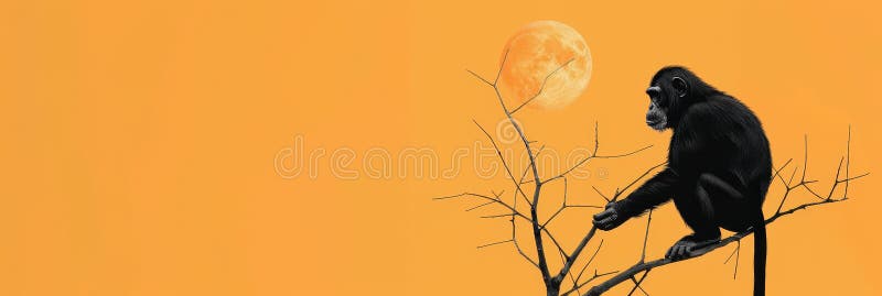 A Black and White Silhouette of a Monkey Sitting on a Branch Under a ...