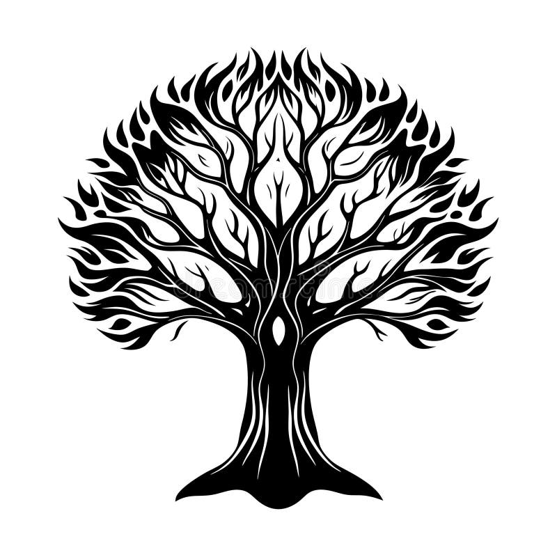 Stylized Black and White Tree Silhouette with Flame-like Leaves Design ...