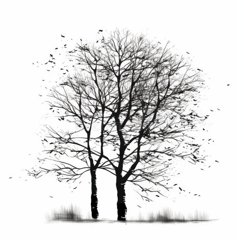 Black and White Silhouette Tree, in the Style of Realistic Brushwork ...