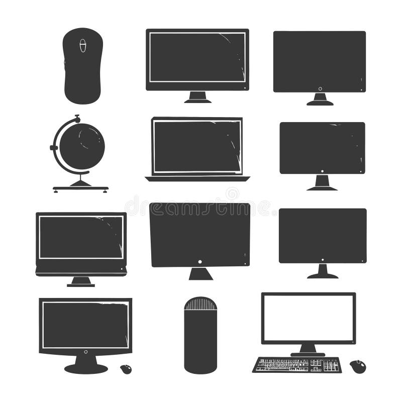 Collection of Gray Silhouettes of Computer Devices and Globe Stock ...