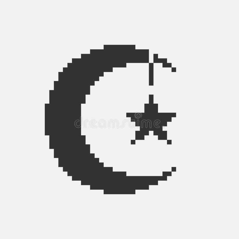 Black and White Simple 1bit Vector Pixel Art Icon of Crescent Moon and ...