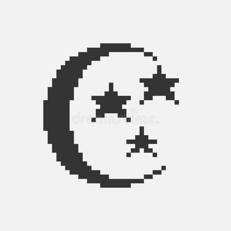 Black and White Simple 1bit Vector Pixel Art Icon of Crescent Moon and ...