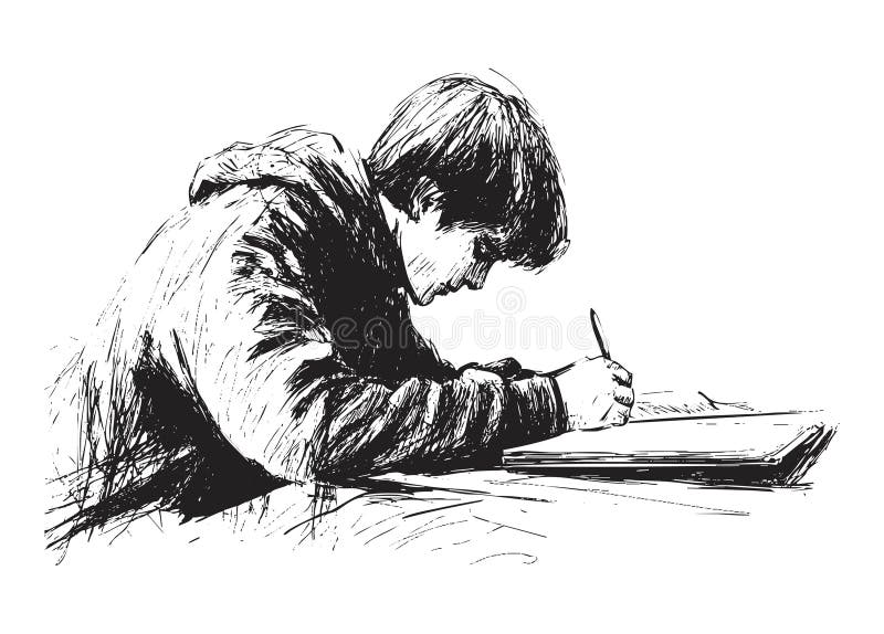 Black and White Sketch of a Boy Writing in a Notebook. Stock ...