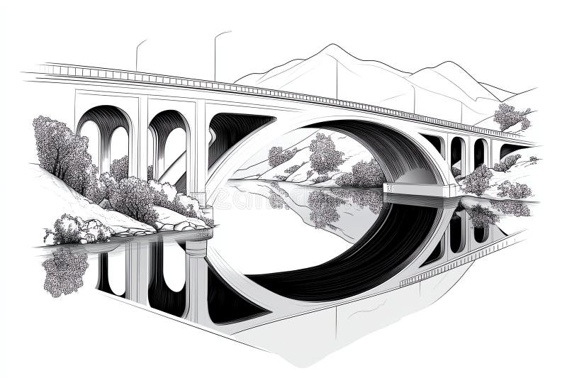 A Black and White Sketch of a Bridge with a River and Mountains in the ...