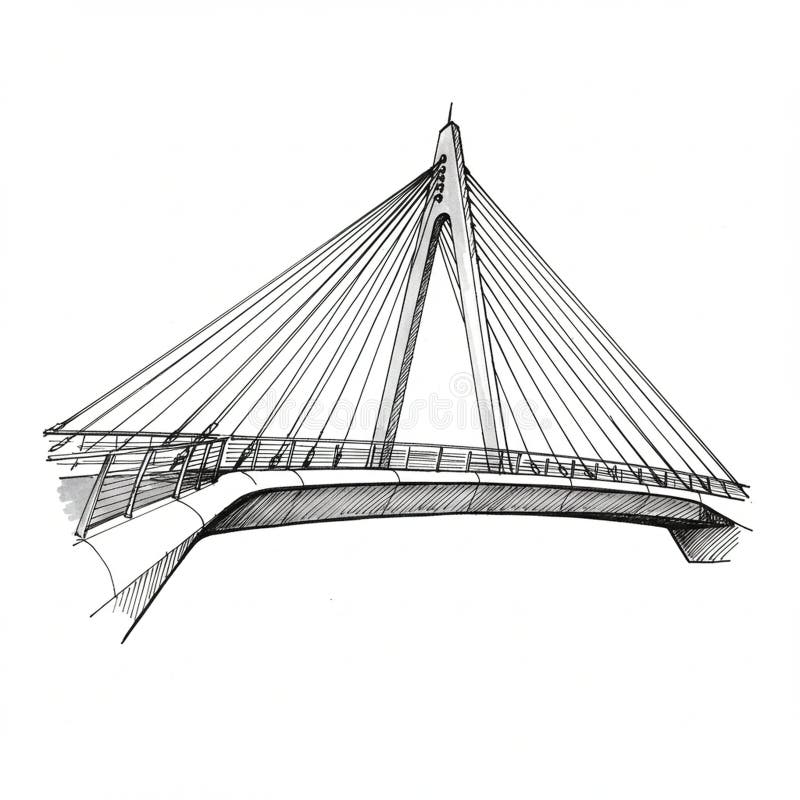 Black and White Sketch of a Cable-stayed Bridge. it Features a ...