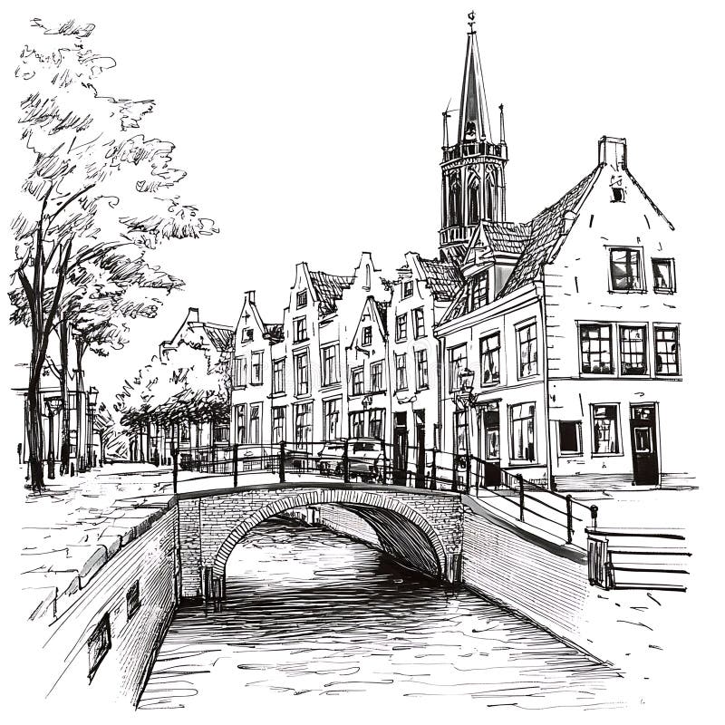 Black and White Sketch of Canal-side Medieval Houses and Church Tower ...