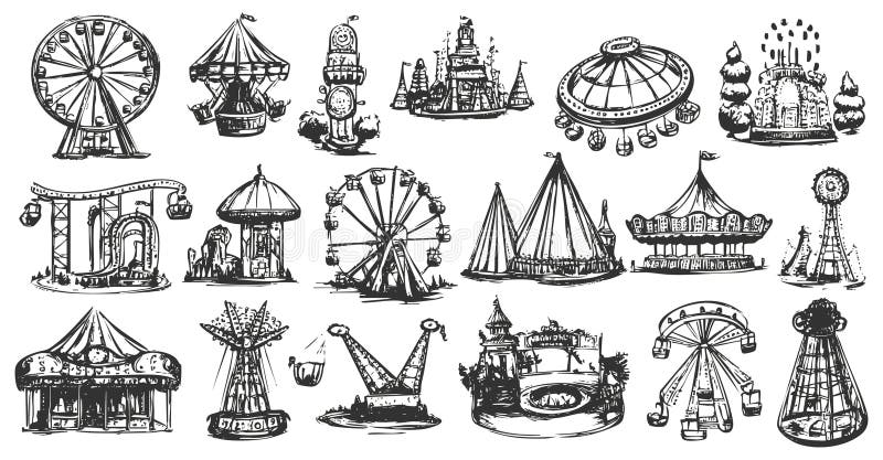 Black and White Sketch of Carnival Rides and Attractions Illustration ...