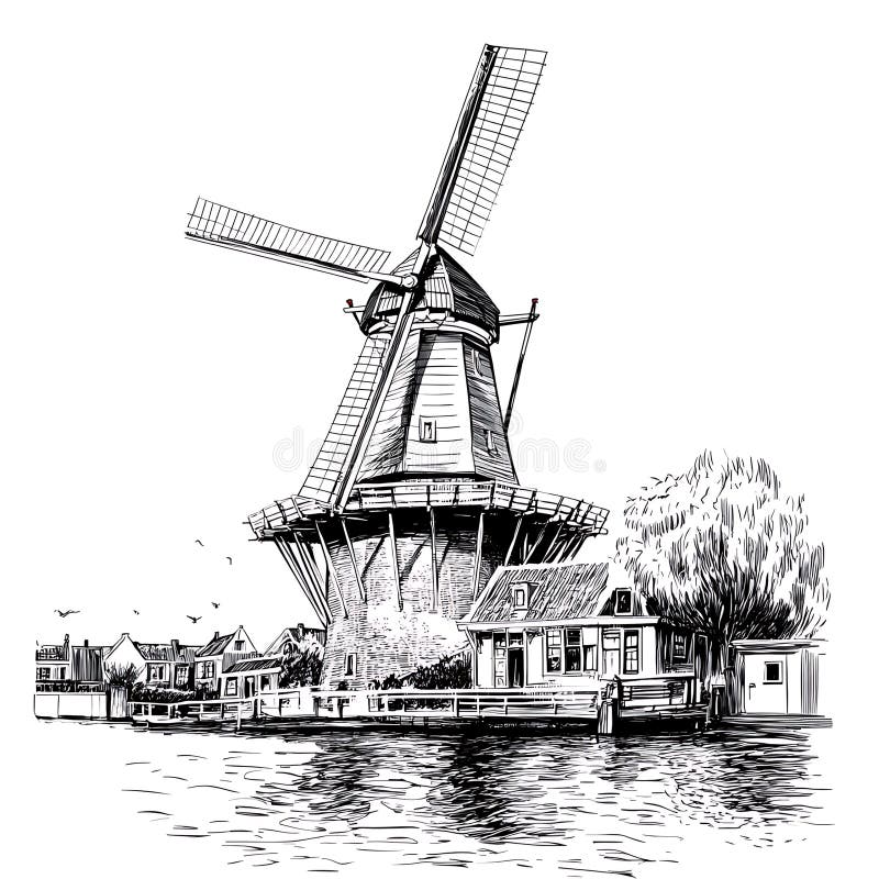 Black and White Sketch of a Classic Dutch Windmill by a Canal Stock ...