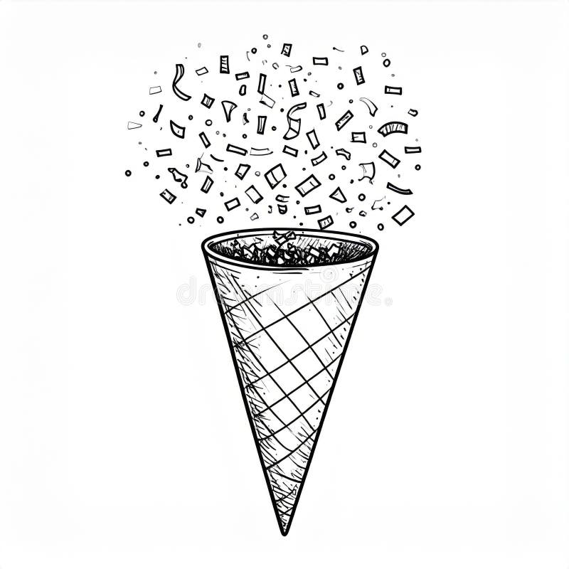 Black and White Sketch of Confetti Bursting from Cone Stock ...
