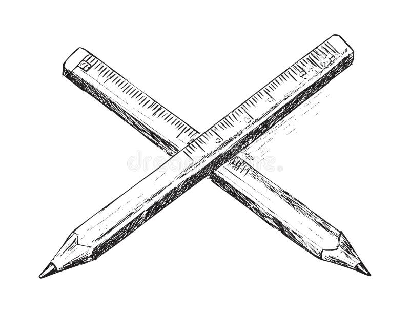 Black and White Sketch of a Crossed Pencil and Ruler Illustration ...