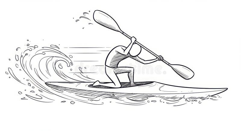 Sketch of Kayaker Paddling through Waves, Black and White Illust Stock ...
