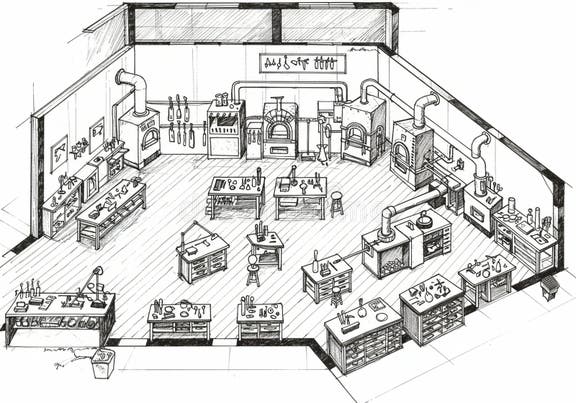 A Black and White Sketch of a Detailed Laboratory or Workshop Features ...