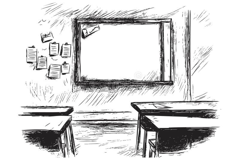 Black and White Sketch of an Empty Classroom with Blackboard and Desks ...