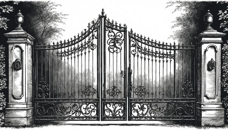 Black and White Sketch Engraving a Old Iron Gate Stock Photo - Image of ...