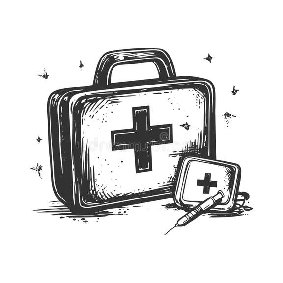 Black and White Sketch of a First Aid Kit with a Syringe. Stock Vector ...