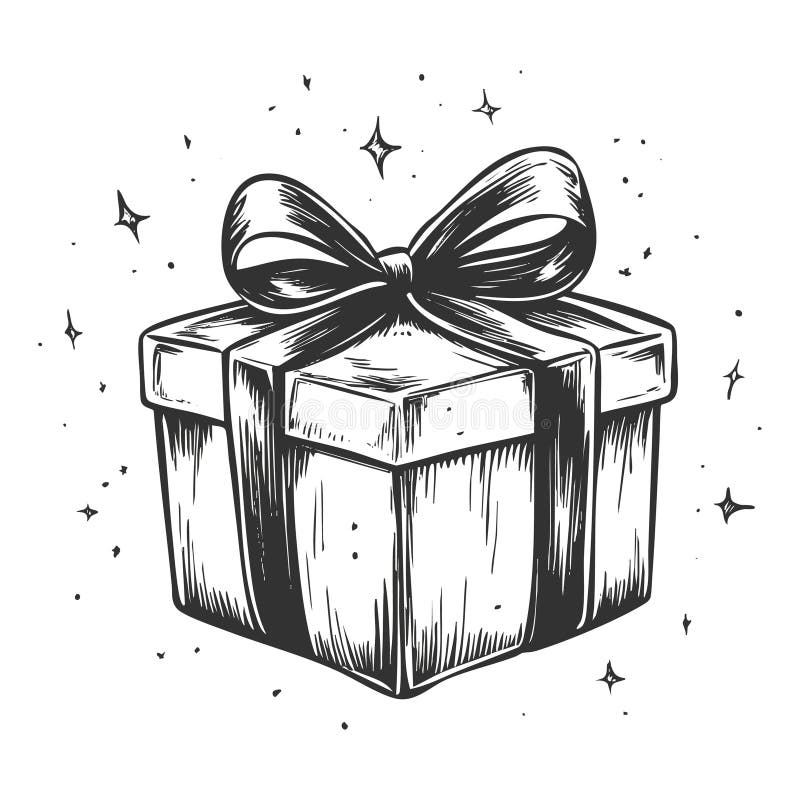 Black and White Sketch of a Gift Box with Ribbon and Stars. Stock ...