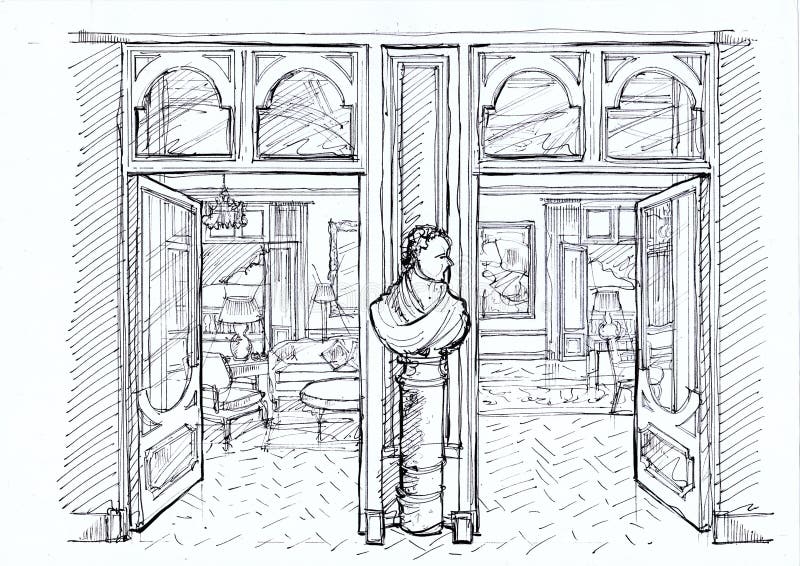 Black and White Sketch of a Hallway Looking into a Luxurious Lounge ...