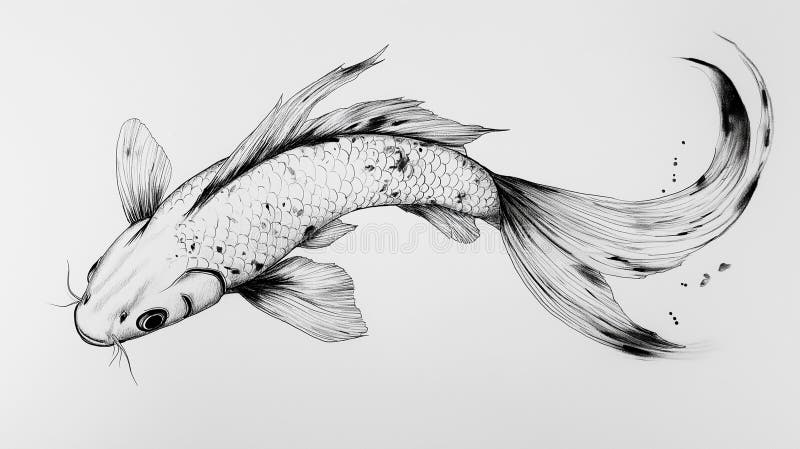 A Black and White Sketch of a Koi Fish, Drawn with Fine Lines on a ...