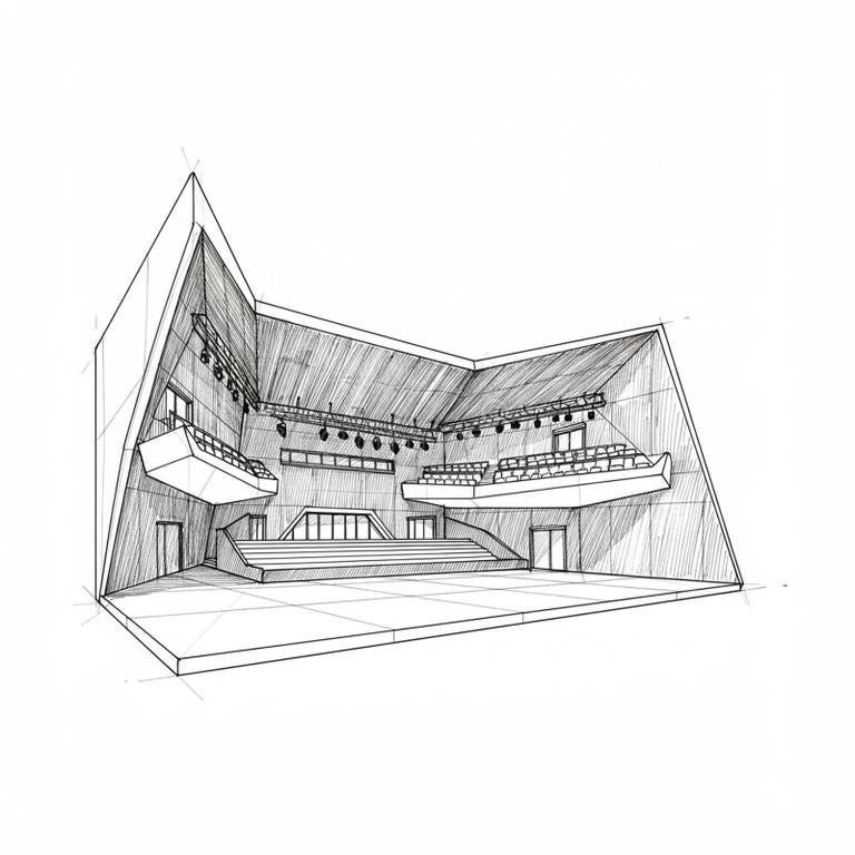 Black and White Sketch of a Modern Auditorium Interior. Features ...