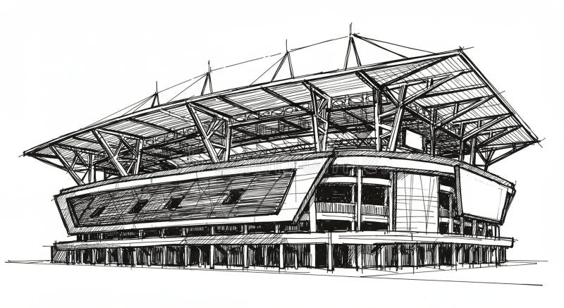 This is a Black-and-white Sketch of a Modern Stadium. the Structure ...