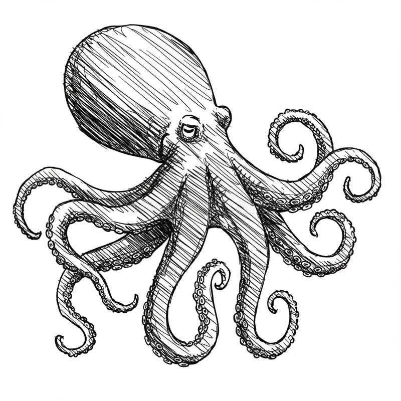 Black and White Sketch of an Octopus with a Rounded Head and Eight Long ...