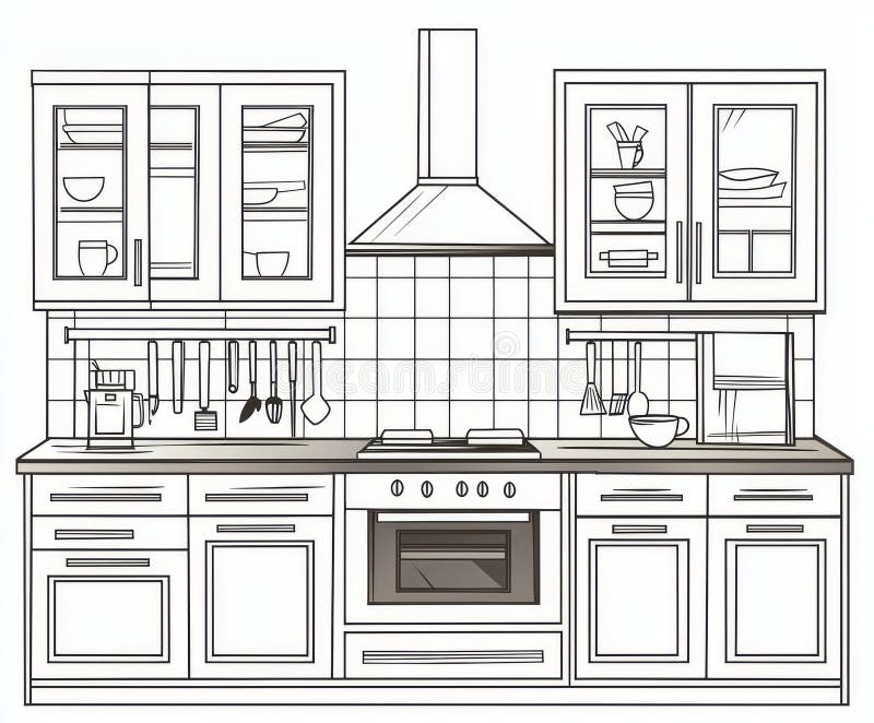 Black and White Sketch Outline of a Contemporary 3D Corner Kitchen ...