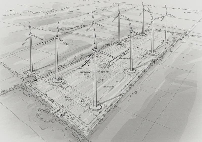 A Black-and-white Sketch of a Planned Wind Farm Featuring Multiple ...