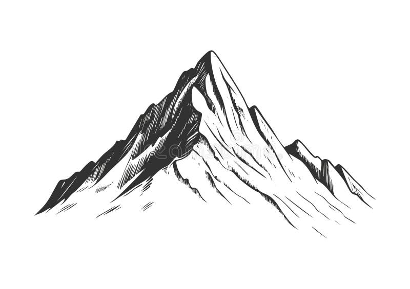 Black and White Sketch of a Rugged Mountain Peak Illustration. Stock ...