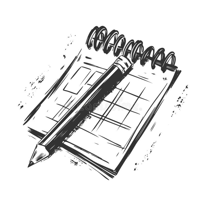 Black and White Sketch of a Spiral Notebook with a Pencil. Stock Vector ...