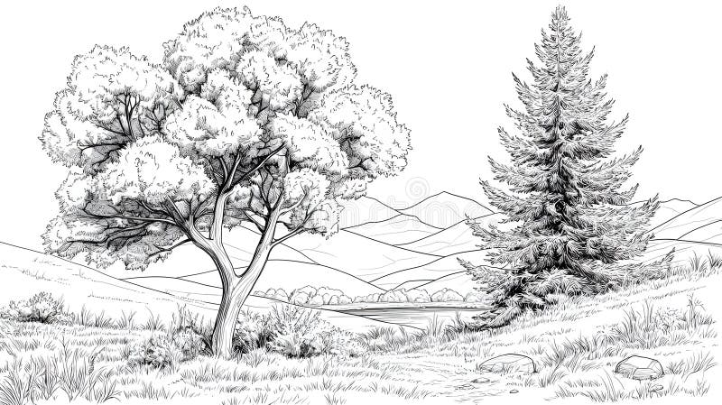 Black and White Line Drawing of Two Trees in a Serene Landscape Stock ...