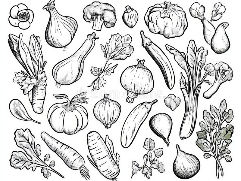 Black and White Sketch of Various Vegetables and Herbs Stock Photo ...