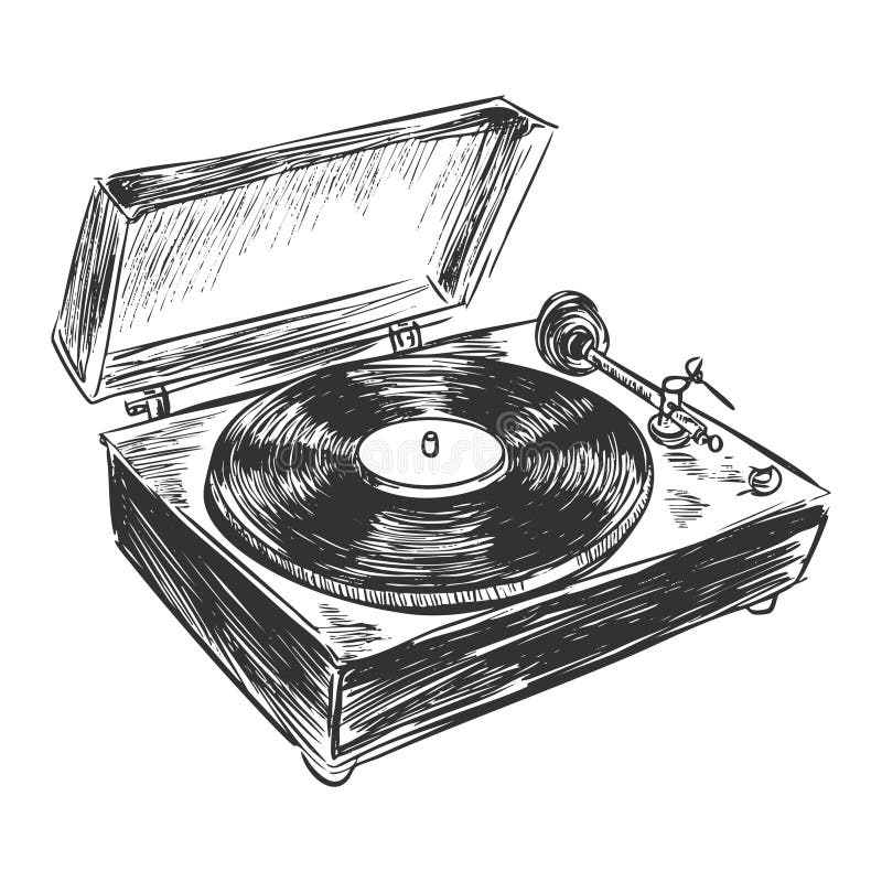 Black and White Sketch of a Vintage Turntable with Vinyl Record. Stock ...