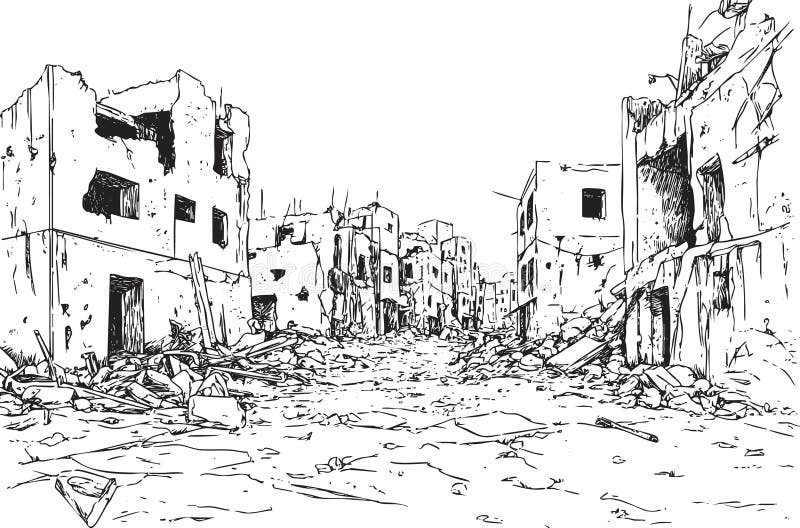 Black and White Sketch of War-torn City Ruins and Destruction. Stock ...