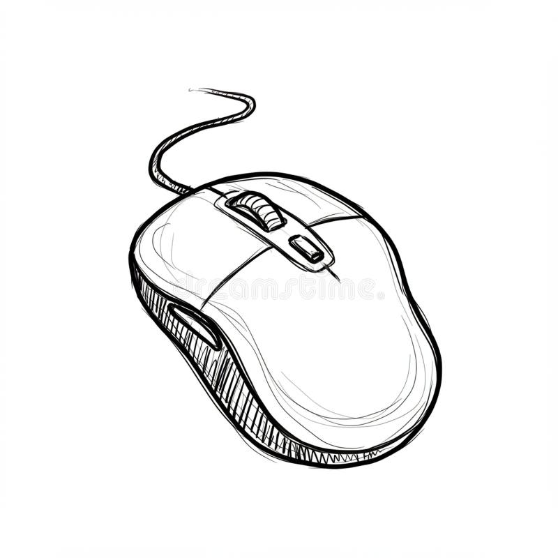 Black and White Sketch of a Wired Computer Mouse. the Design Includes ...