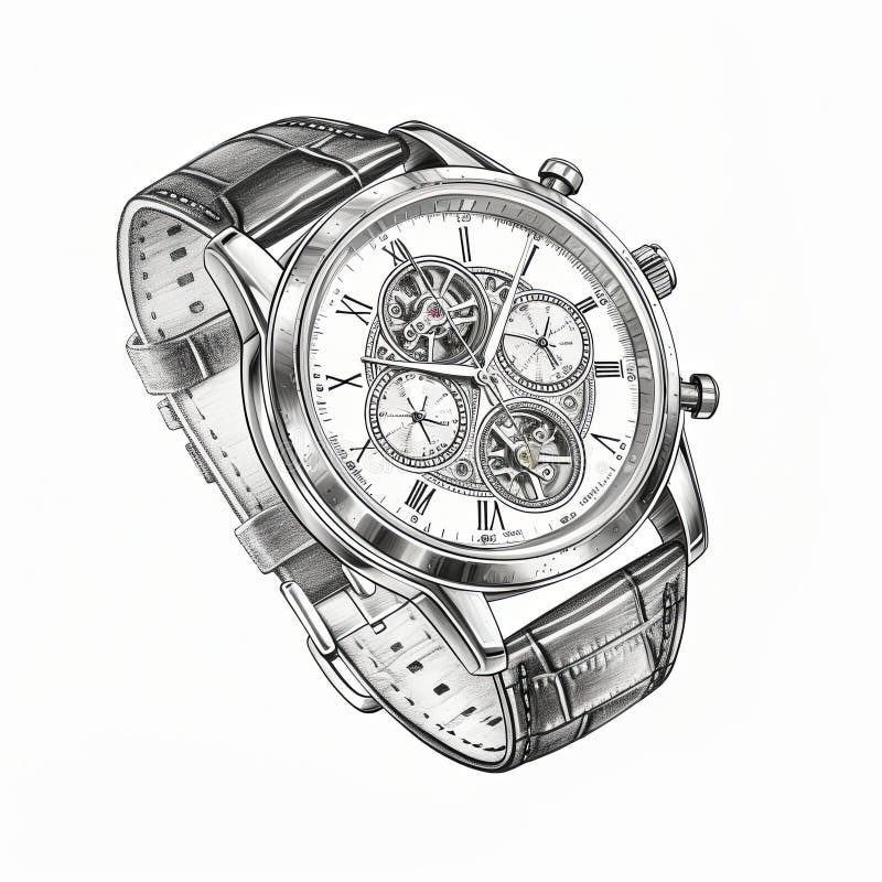 Black and White Sketch of a Wristwatch with a White Dial and a Black ...