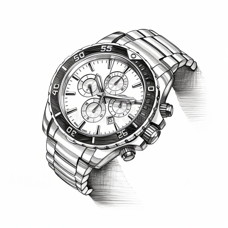 Black and White Sketch of a Wristwatch with a White Dial and a Black ...