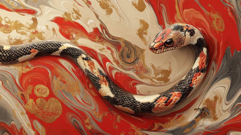 Black and White Snake on Red Gold Marble Background Stock Illustration ...