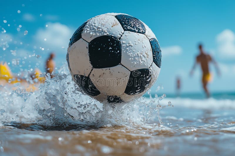 Soccer Ball Splashing in Shallow Beach Water with Blurred Players in ...
