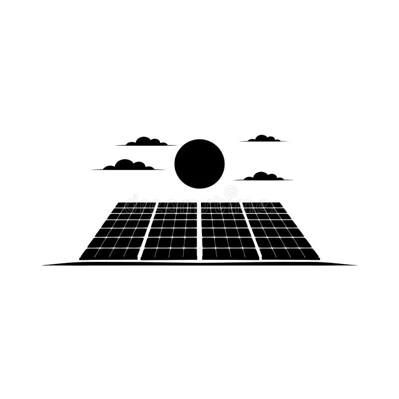 Black and White Solar Panels with Sun and Clouds Illustration Stock ...