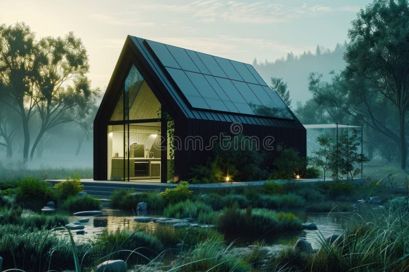 A Black and White Solar Powered House Stock Photo - Image of ...
