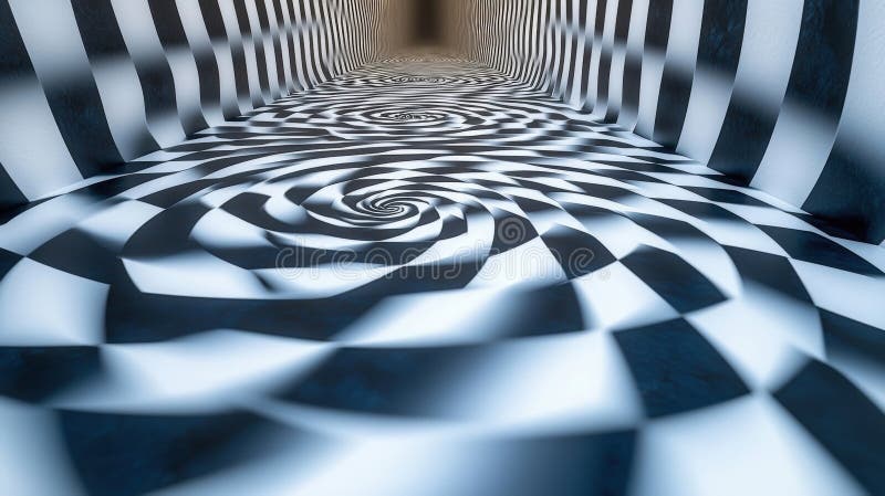 Black and White Spirals in Tunnel with Checkerboard Patterns Creating ...