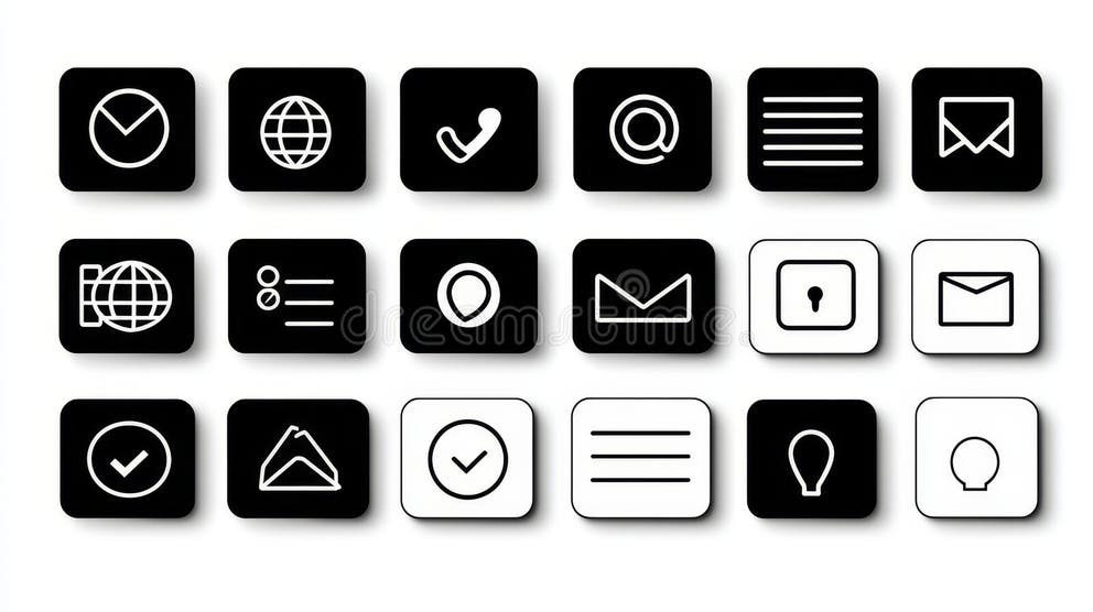 Black and White Square Icon Set Web, Email, Location, Checklist, UI ...