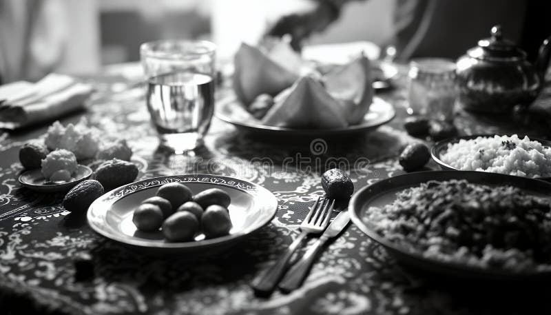 A Black and White Still Life of a Table Set for a Meal Stock ...