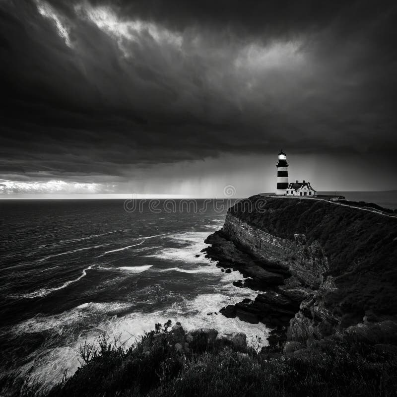 A Black White Striped Lighthouse on a Cliffside with a Dramatic Sunset ...