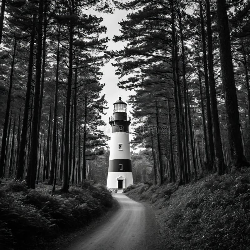 A Black White Striped Lighthouse at the Edge of a Dense Forest with ...